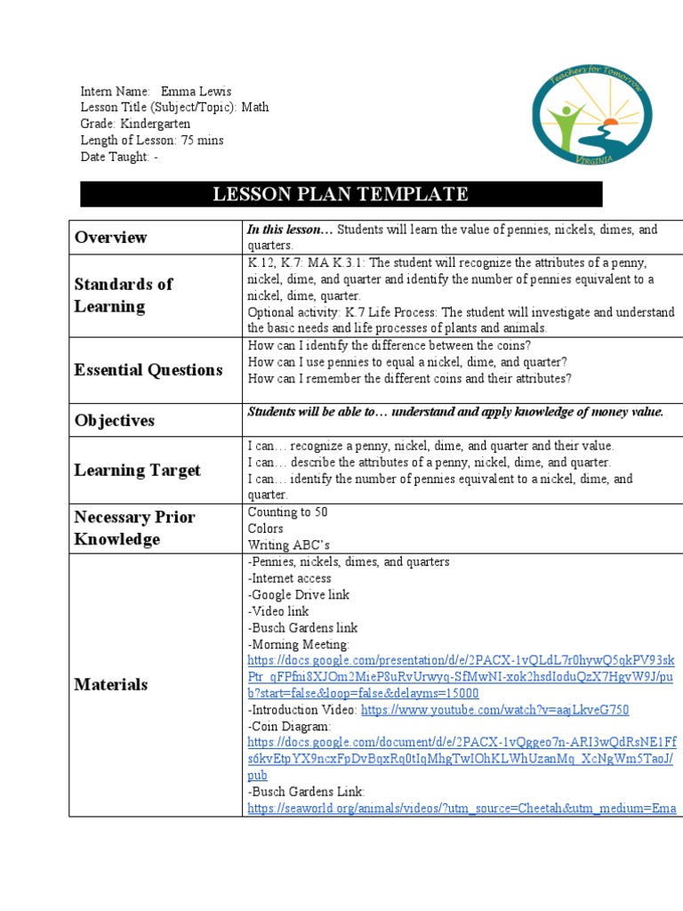 Virtual Lesson Plan For Kindergarten | PDF | Nickel (United States Coin ...
