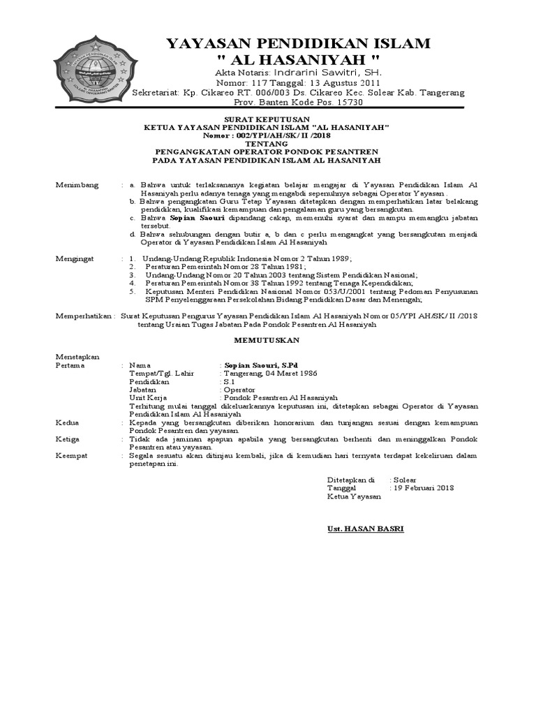 Contoh SK Operator | PDF