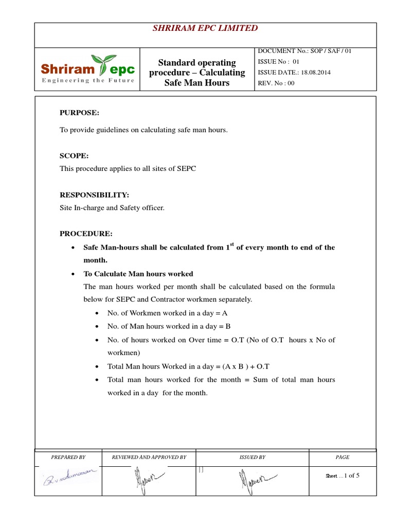 Calculating Safe Man Hours SOP | PDF | Man Hour | Labor