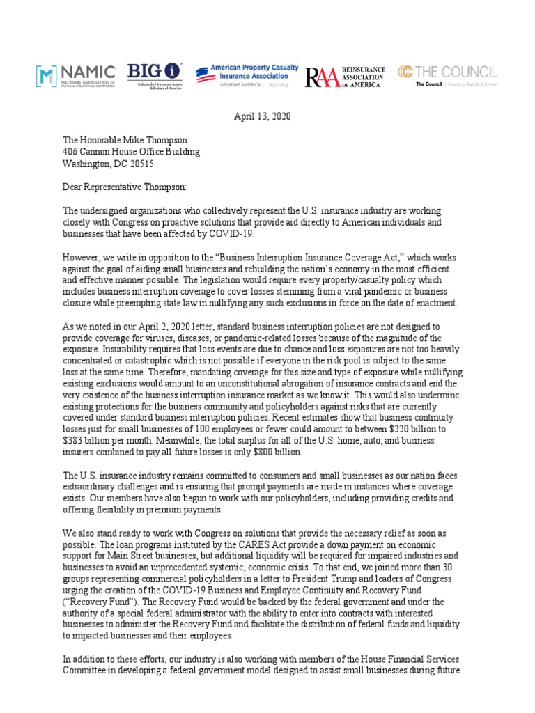 Insurance Opposition Letter to Business Interruption Insurance Coverage ...