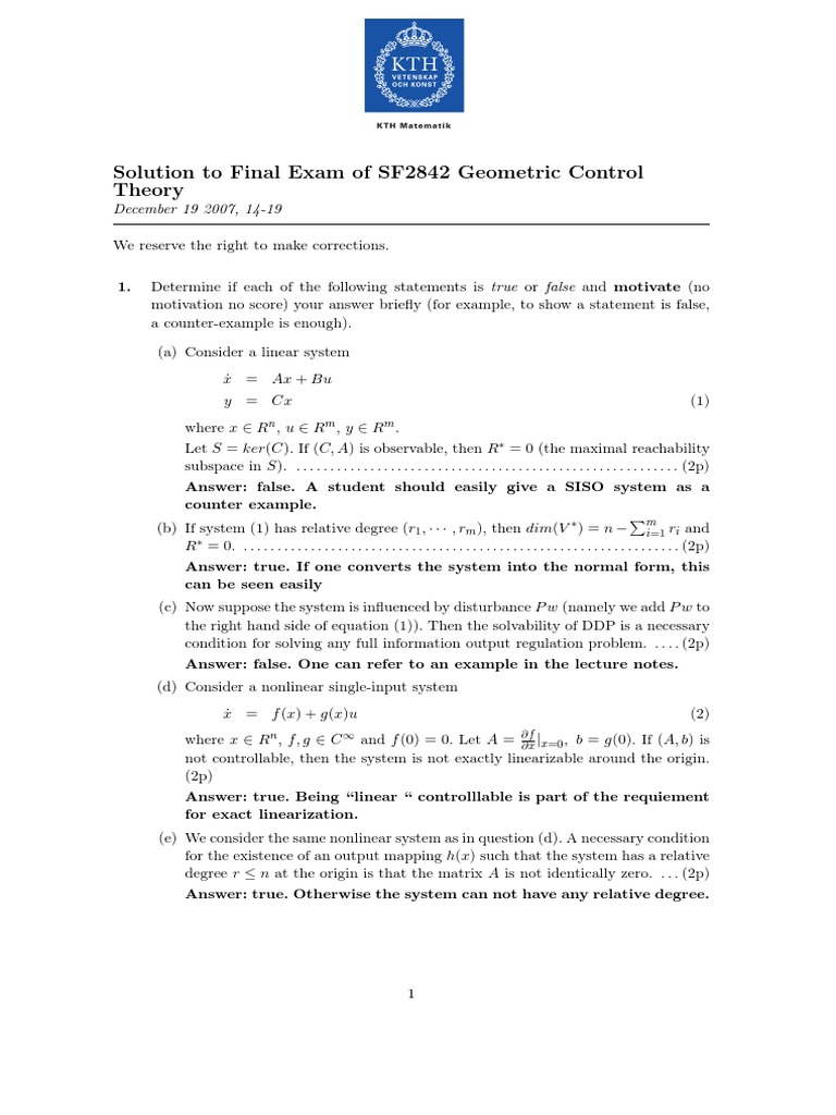 Analysis of Solutions to the Final Exam for the Geometric Control ...