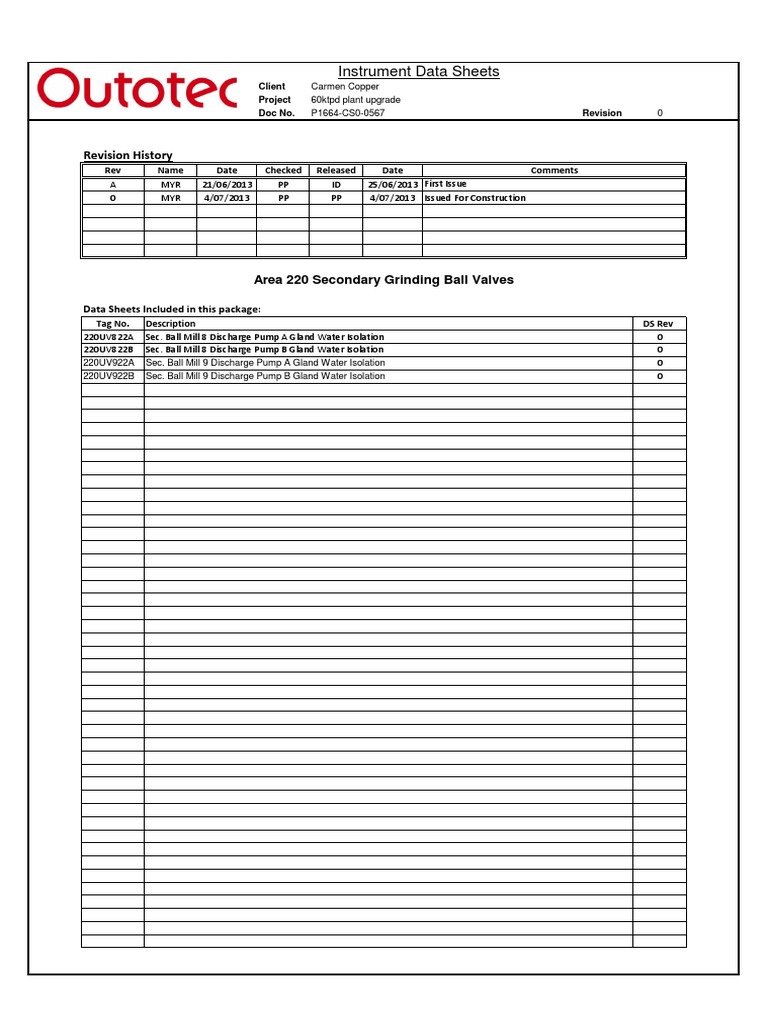 Instrument Data Sheets: Revision History | Download Free PDF | Valve | Pump
