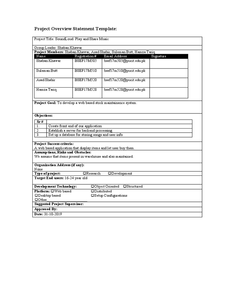Project Overview Statement Template:: Name Registration # Email Address ...
