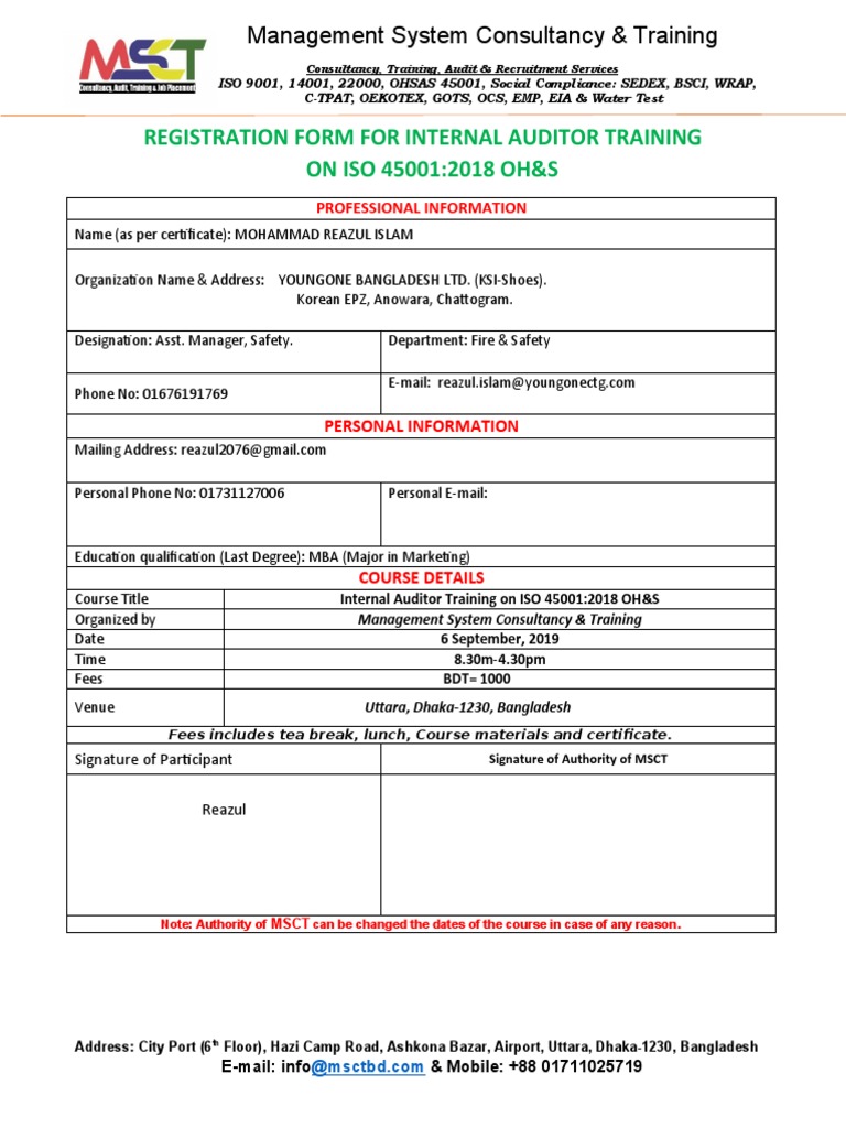 Registration Form For Internal Auditor Training ON ISO 45001:2018 OH&S ...