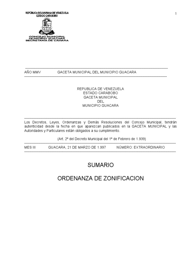 Legislacion Zonificacion MUNICIPIO GUACARA | PDF | Urbanismo | Planificación urbana