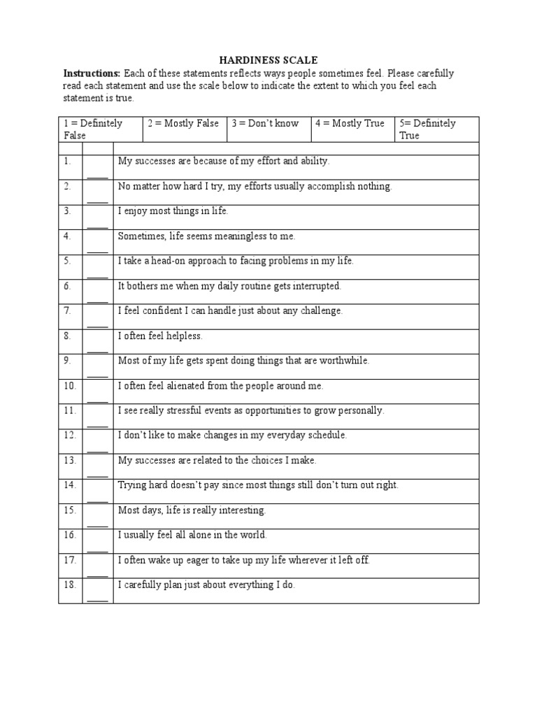 Hardiness Scale Instructions: Each of These Statements Reflects Ways ...