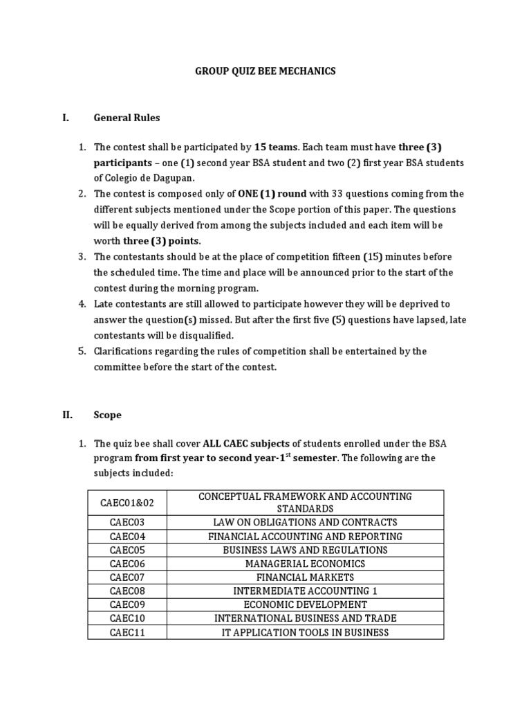 Group Quiz Bee Mechanics: Rules and Scope for a Business Accounting ...