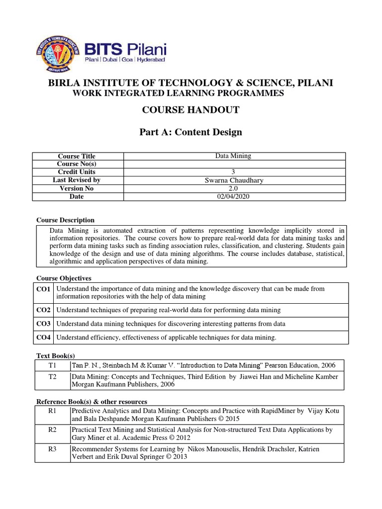 DataMining Course Handout PDF | PDF | Data Mining | Cluster Analysis