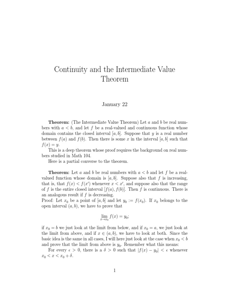 Continuity and The Intermediate Value Theorem: January 22 | PDF | Continuous Function | Function ...