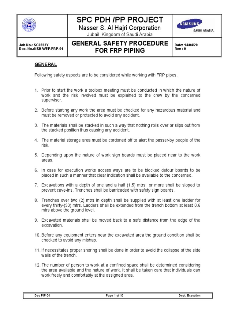 SPC PDH /PP Project: General Safety Procedure For FRP Piping | PDF ...