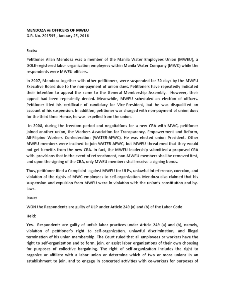 Mendoza vs MWEU: Unfair Labor Practices | PDF | Collective Bargaining ...