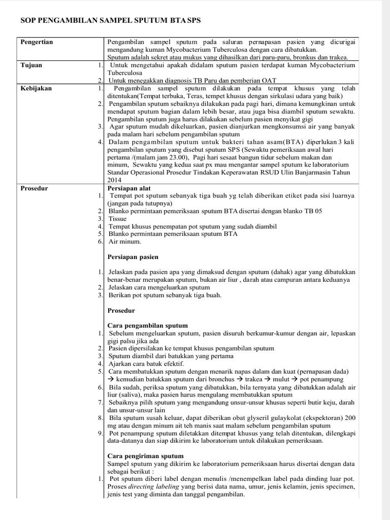 Sop Pengambilan Sampel Sputum Bta Spsdoc | PDF