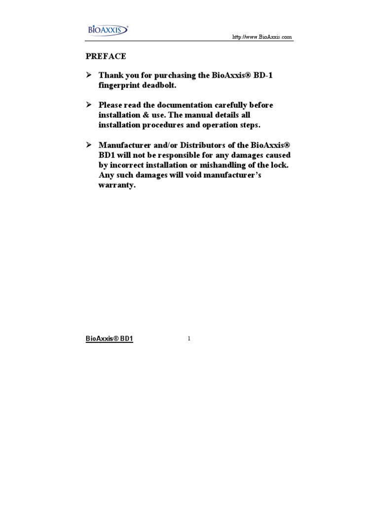 Bioaxxis BD1 Deadbolt User Manual | PDF | Fingerprint | Drill
