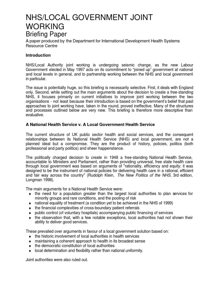 Nhs/Local Government Joint Working: Briefing Paper | PDF | National ...