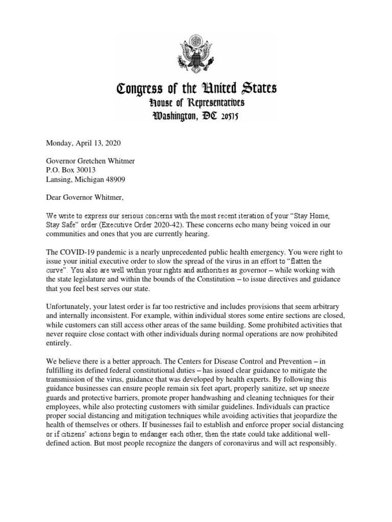 Letter to Gov. Whitmer - Expanded Stay Home Order | Executive Order ...