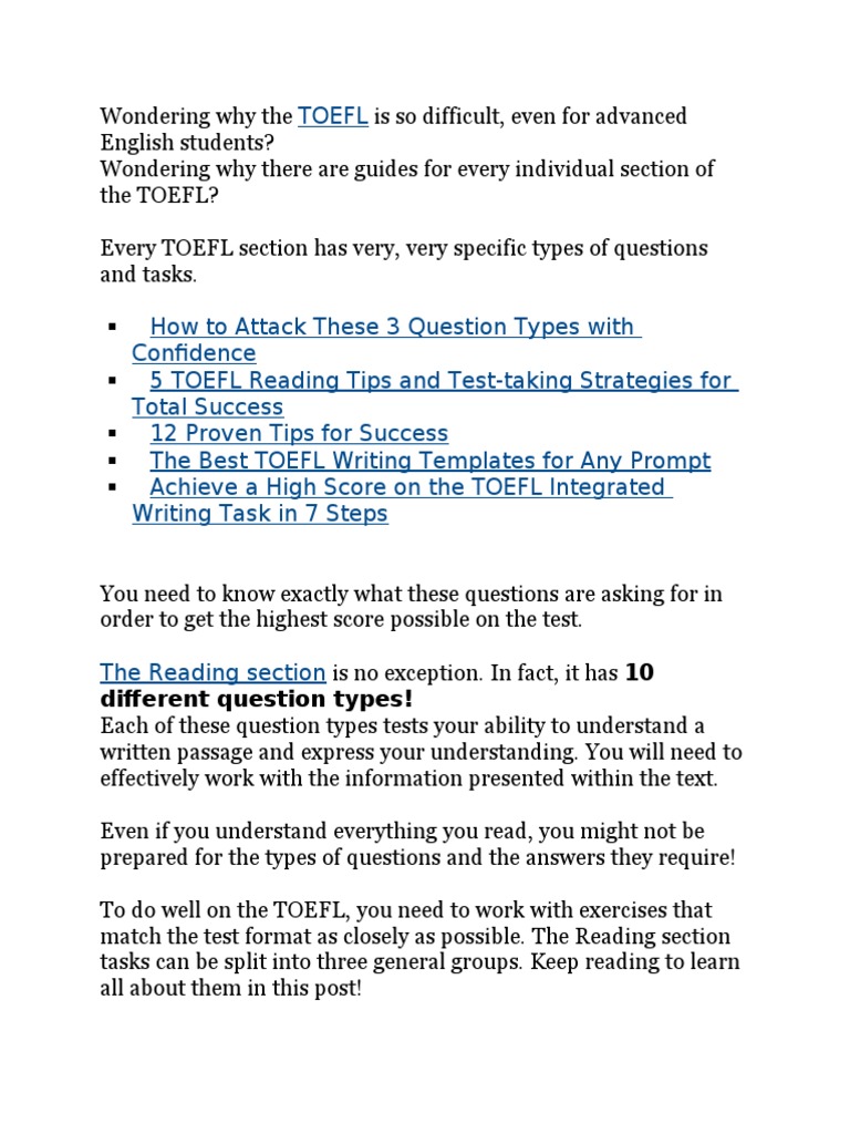 A Guide to Mastering the 10 Types of TOEFL Reading Exercises | PDF ...
