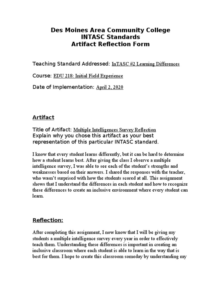 Des Moines Area Community College INTASC Standards Artifact Reflection ...