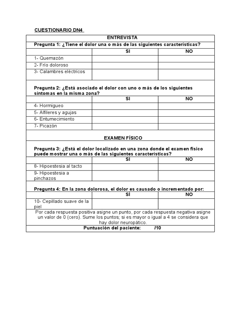 Cuestionario DN4 para Dolor Neuropático | PDF