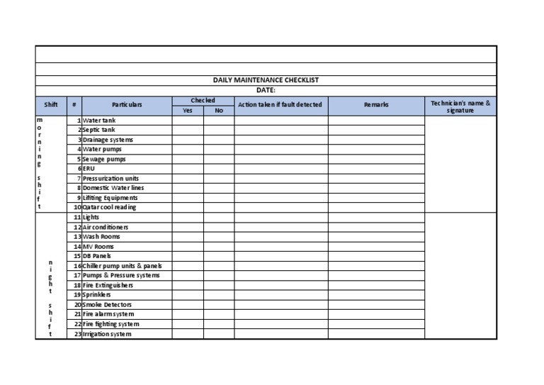 Daily Maintenance Checklist Date | PDF