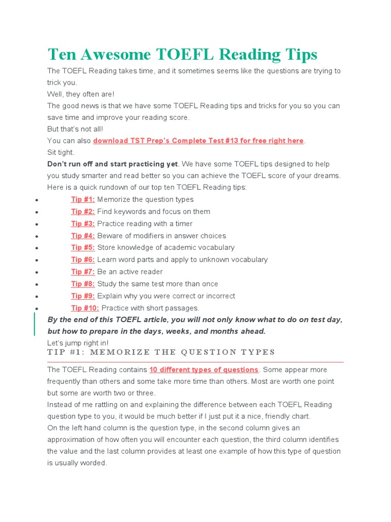Ten Awesome TOEFL Reading Tips | PDF | Question | Test Of English As A ...