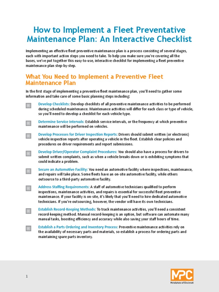 How To Implement A Fleet Preventative Maintenance Plan: An Interactive Checklist | PDF | Fuel ...