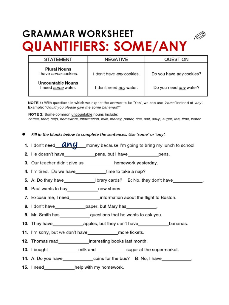 Quantifiers: Some/Any: Grammar Worksheet | PDF | Noun | Morphology