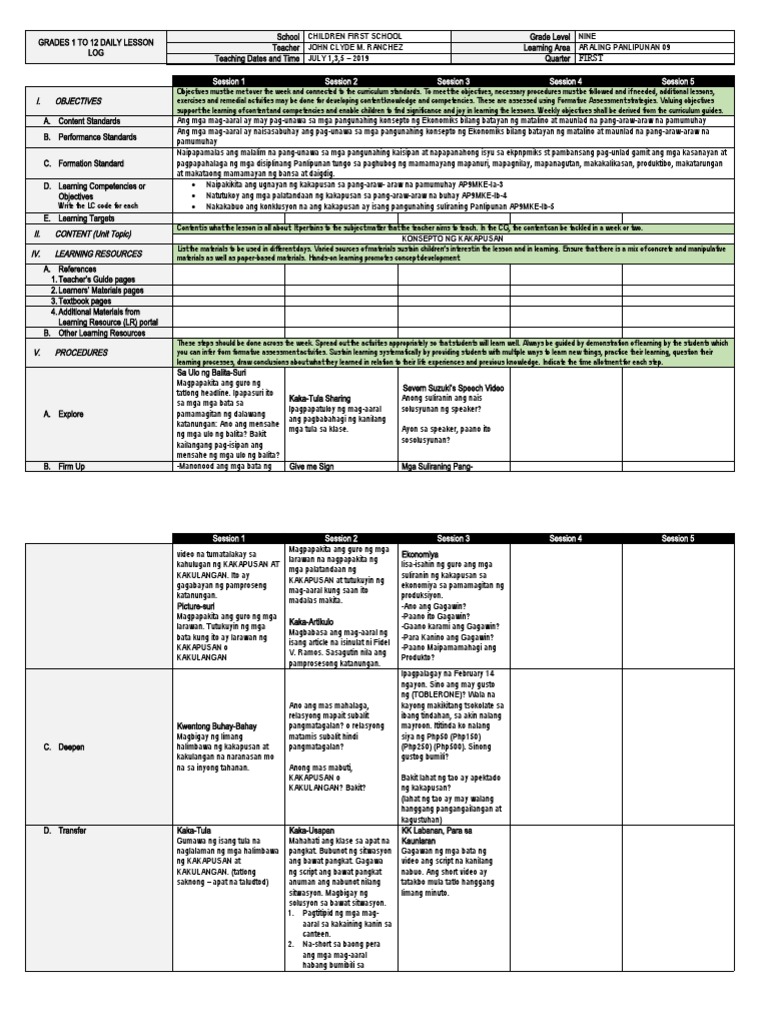I. Objectives: Session 1 Session 2 Session 3 Session 4 Session 5 | PDF | Teachers | Learning