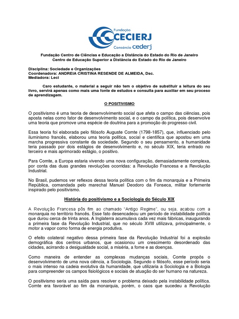 Resumo Augusto Comte e Positivismo PDF | PDF | Positivismo | Sociologia
