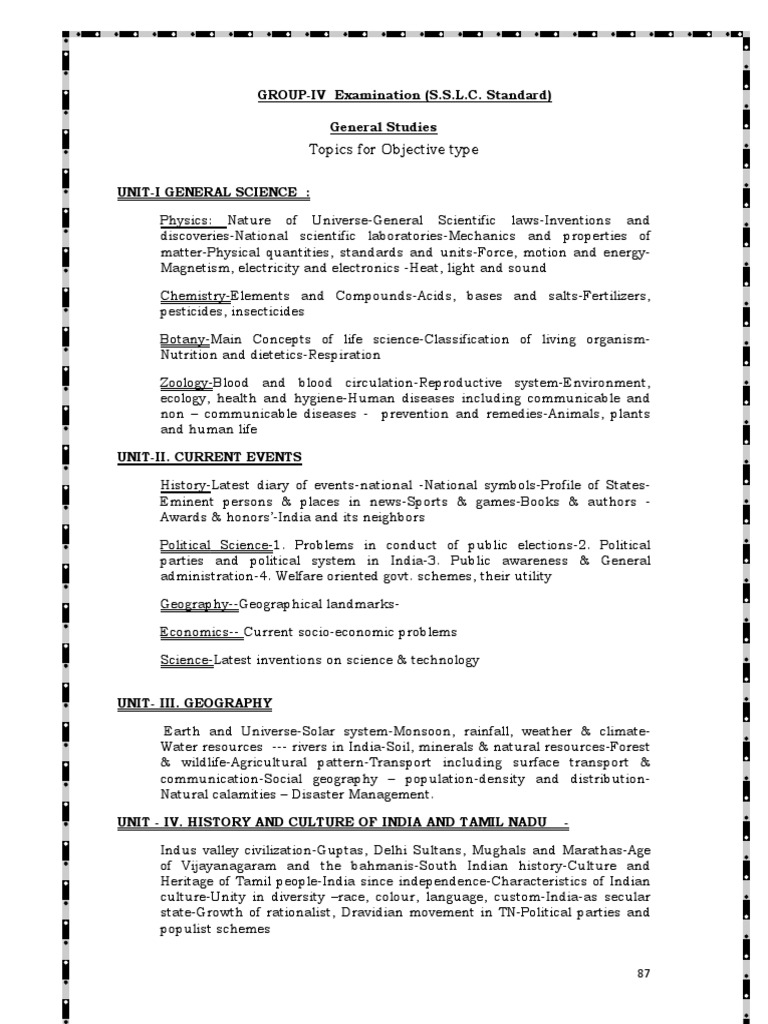 General Studies Topics for Objective Type Examination (S.S.L.C ...