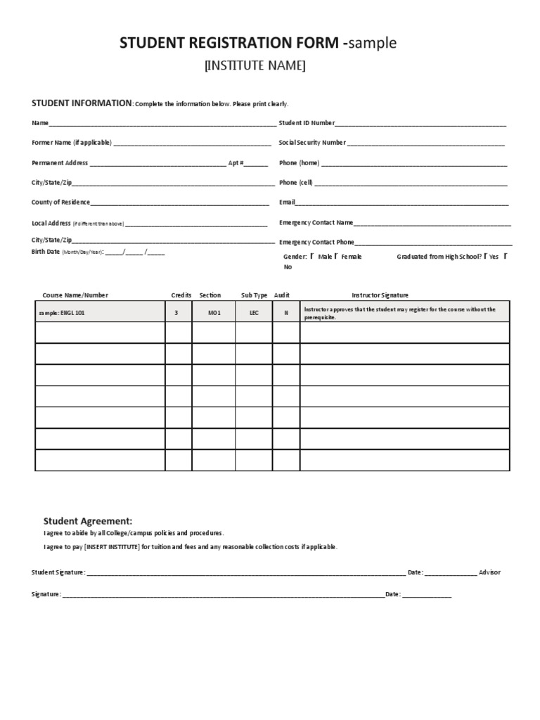 Student Registration Form - Sample: (Institute Name) | PDF | Government ...