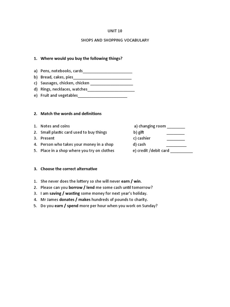 UNIT 10 Shops and Shopping ENG ZADACA | PDF
