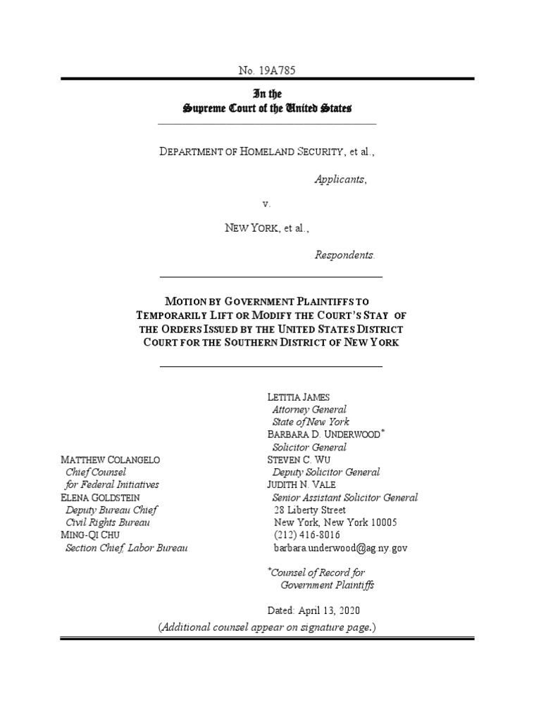 DHS v. New York Motion To Lift or Modify Stay | PDF | Medicaid | Certiorari
