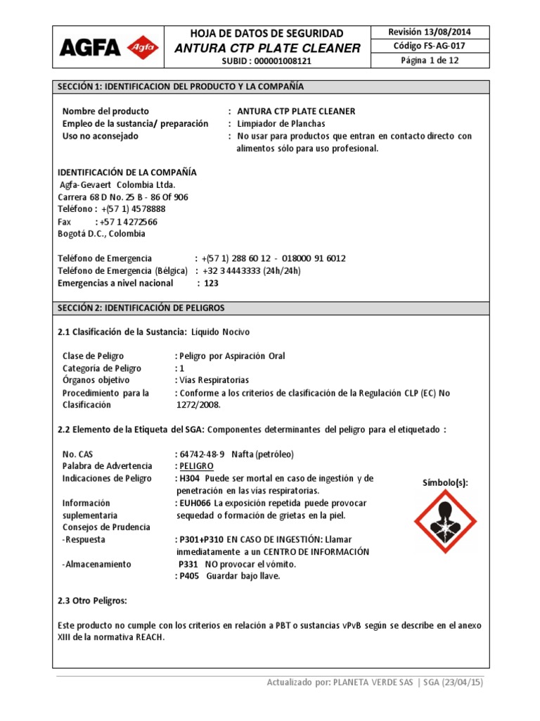 HS - Antura CTP Plate Cleaner. | PDF | Agua | Residuos