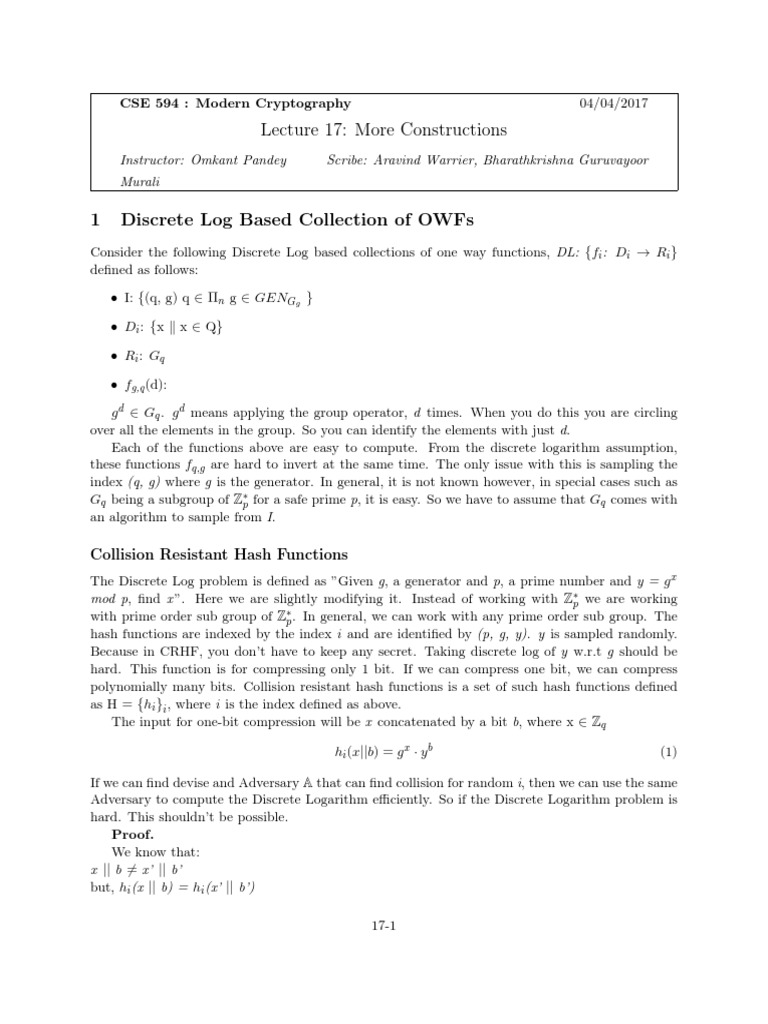 Lecture 17: More Constructions: Collision Resistant Hash Functions | PDF | Public Key ...