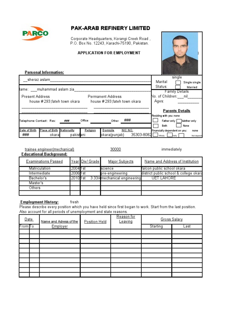 Pak-Arab Refinery Limited: Application For Employment | PDF | Social ...