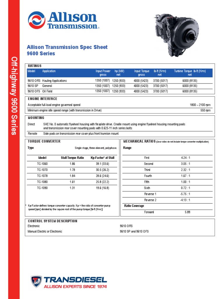 Allison Transmission Spec Sheet 9600 Series: Ratings | PDF ...