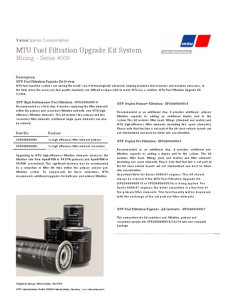 MTU Fuel Filtration Upgrade Kit | PDF | Filtration | Vehicle Technology