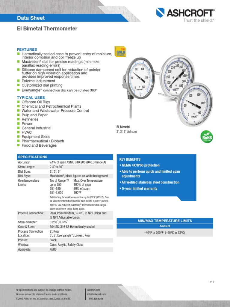 EI Bimetal Thermometer: Data Sheet | PDF | Celsius | Thermometer