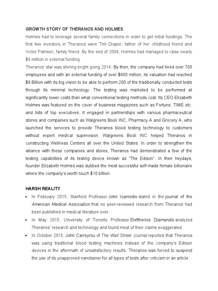 Growth Story of Theranos and Holmes: Harsh Reality | PDF | Health Care ...