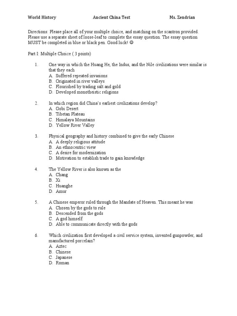 Ancient China Test | PDF | History Of China | China
