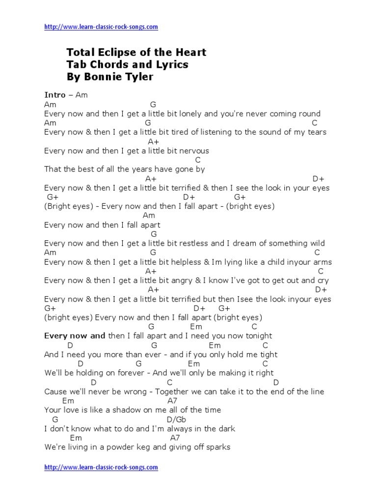 Total Eclipse of The Heart Tab Chords and Lyrics by Bonnie Tyler | PDF