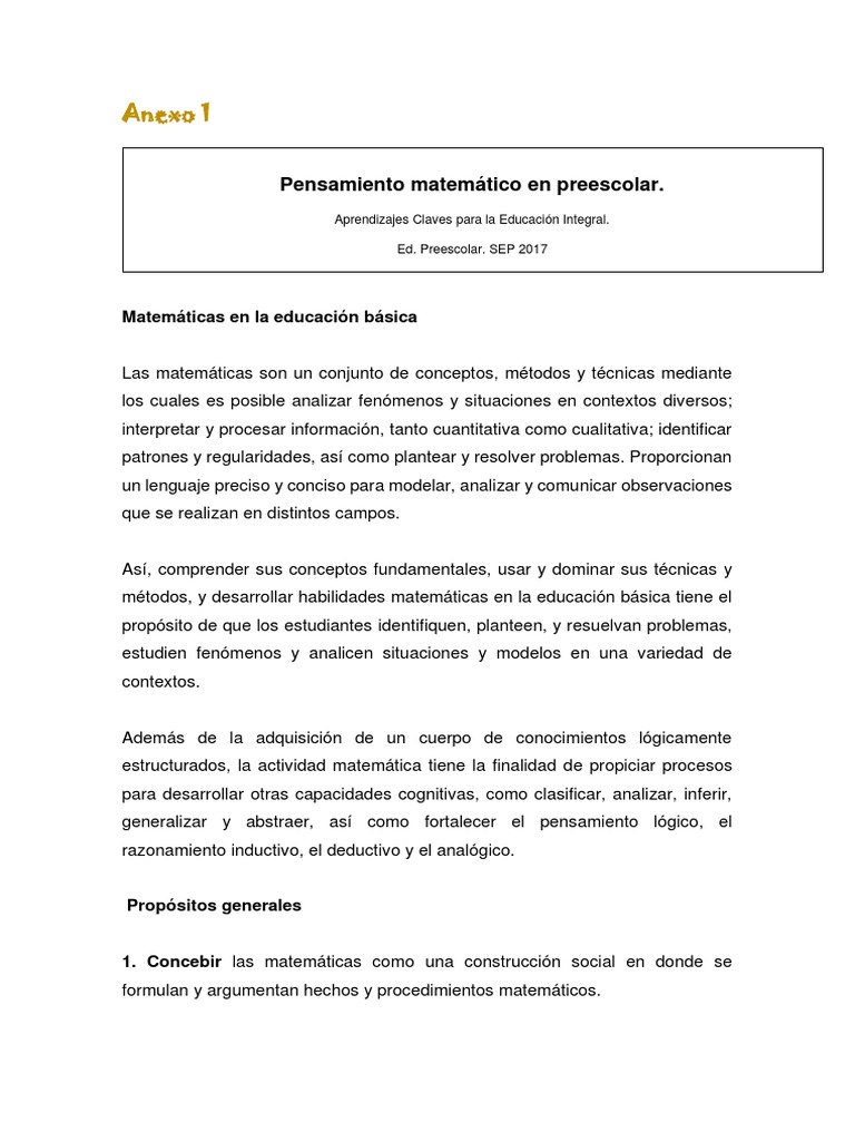Pensamiento Matematico En Preescolar Aprendizajes Clave Pdf