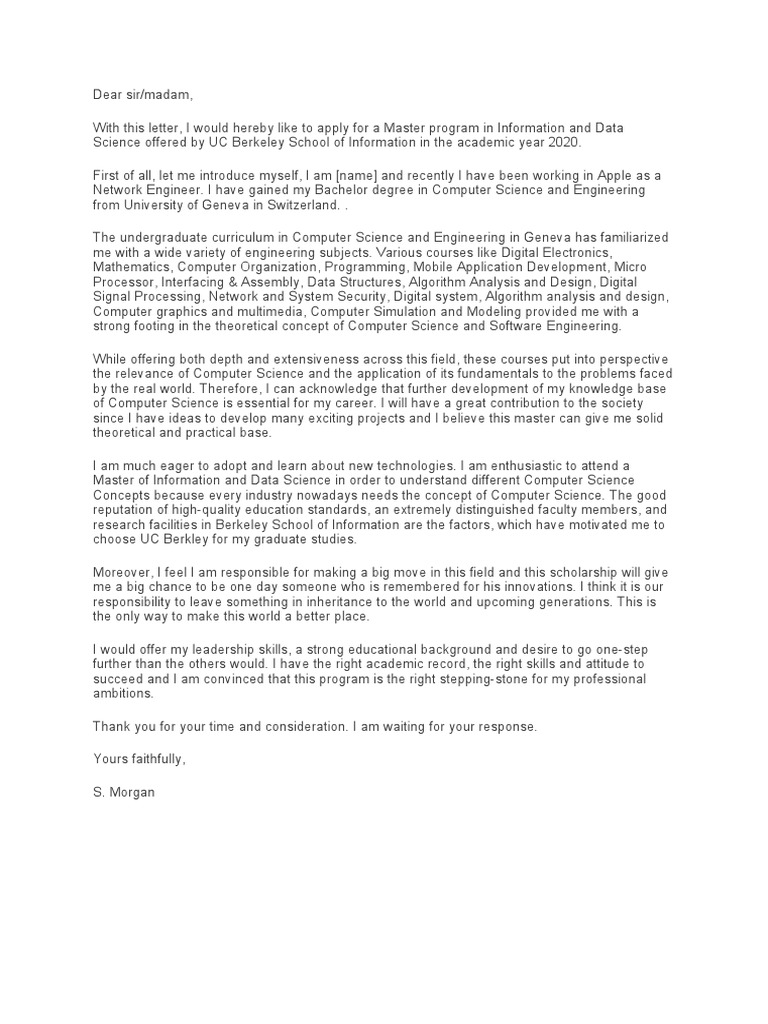 Letter of Motivation | PDF | Computer Science | Master's Degree