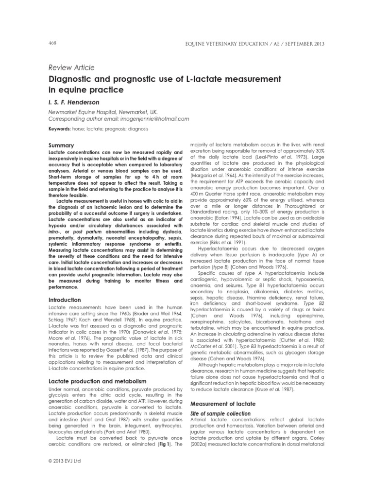 Diagnostic and Prognostic Use of L-Lactate Measurement in Equine ...