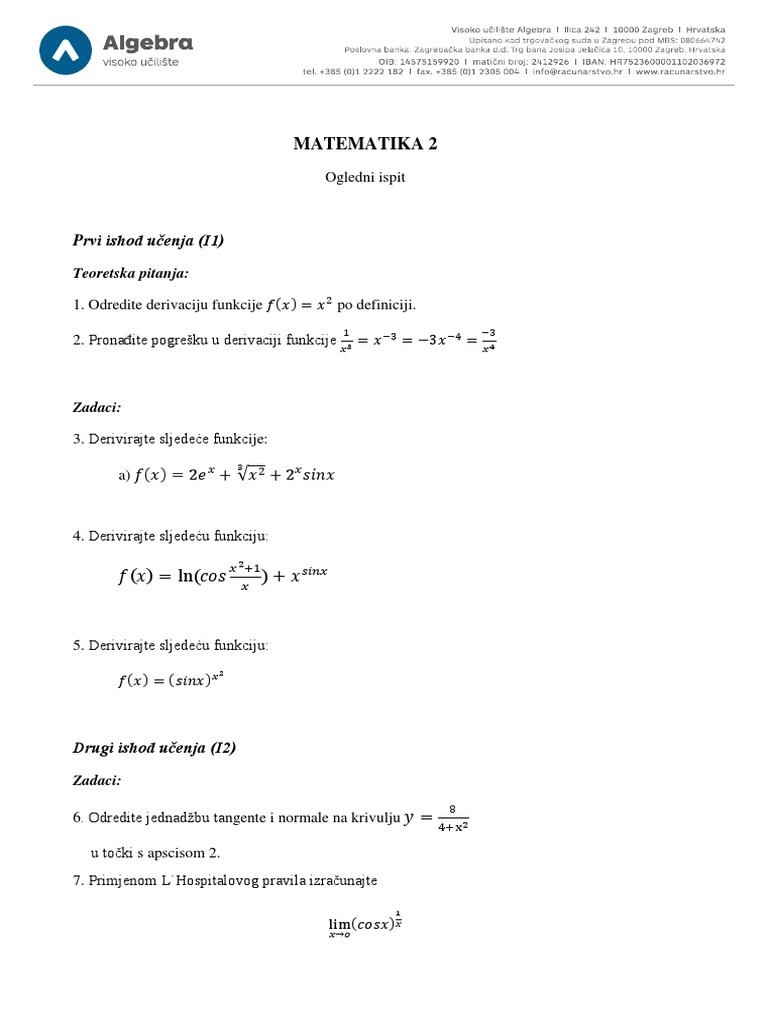 VUA Matematika2 Ogledni - Ispit PDF | PDF