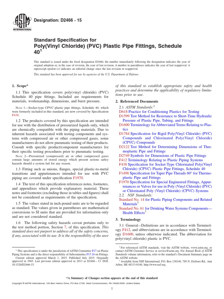 Astm 2466-15 PDF | PDF | Pipe (Fluid Conveyance) | Polyvinyl Chloride