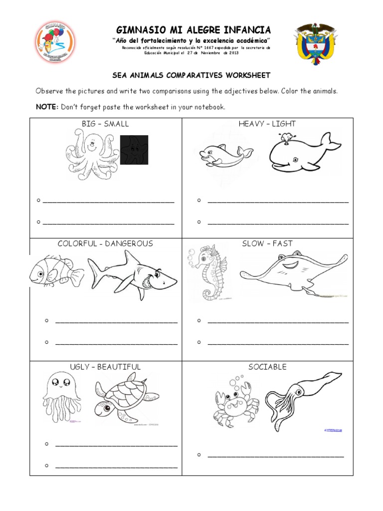Sea Animals Comparatives Worksheet | PDF
