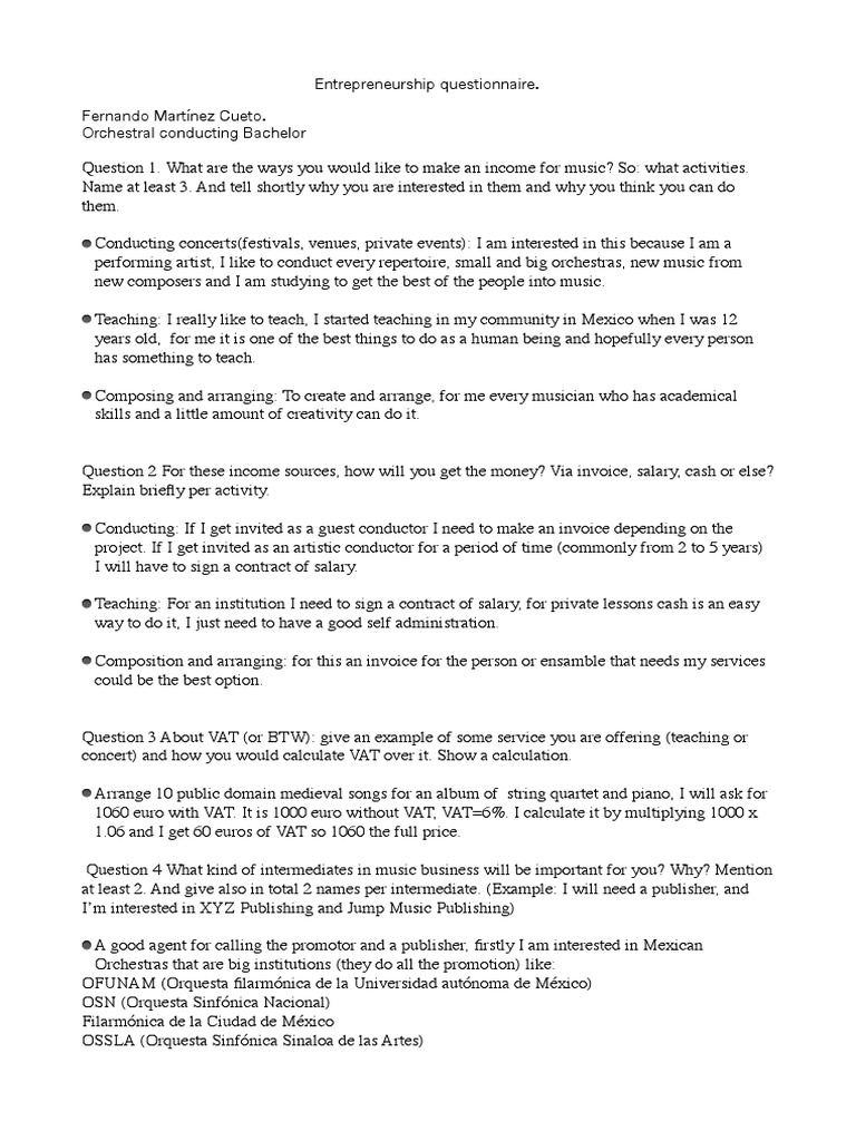 Entrepreneurship Questionnaire | PDF | Orchestras | Conducting
