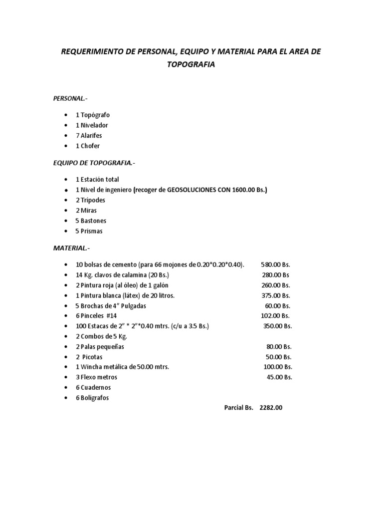 Personal y Material Requerido Proy. CH. - N. | PDF
