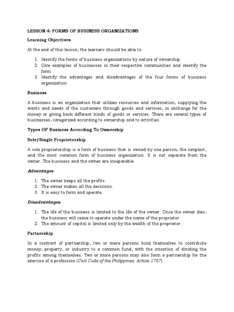 LESSON 4 Forms of Business Organizations | PDF | Corporations | Partnership